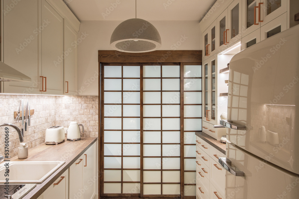 Modern Japandi kitchen interior design in earth tones, natural textures ...