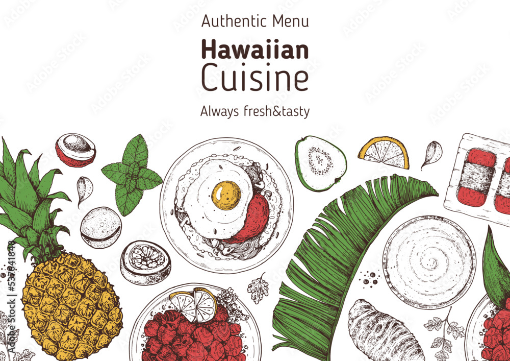 Hawaiian food top view vector illustration. Food menu design template ...