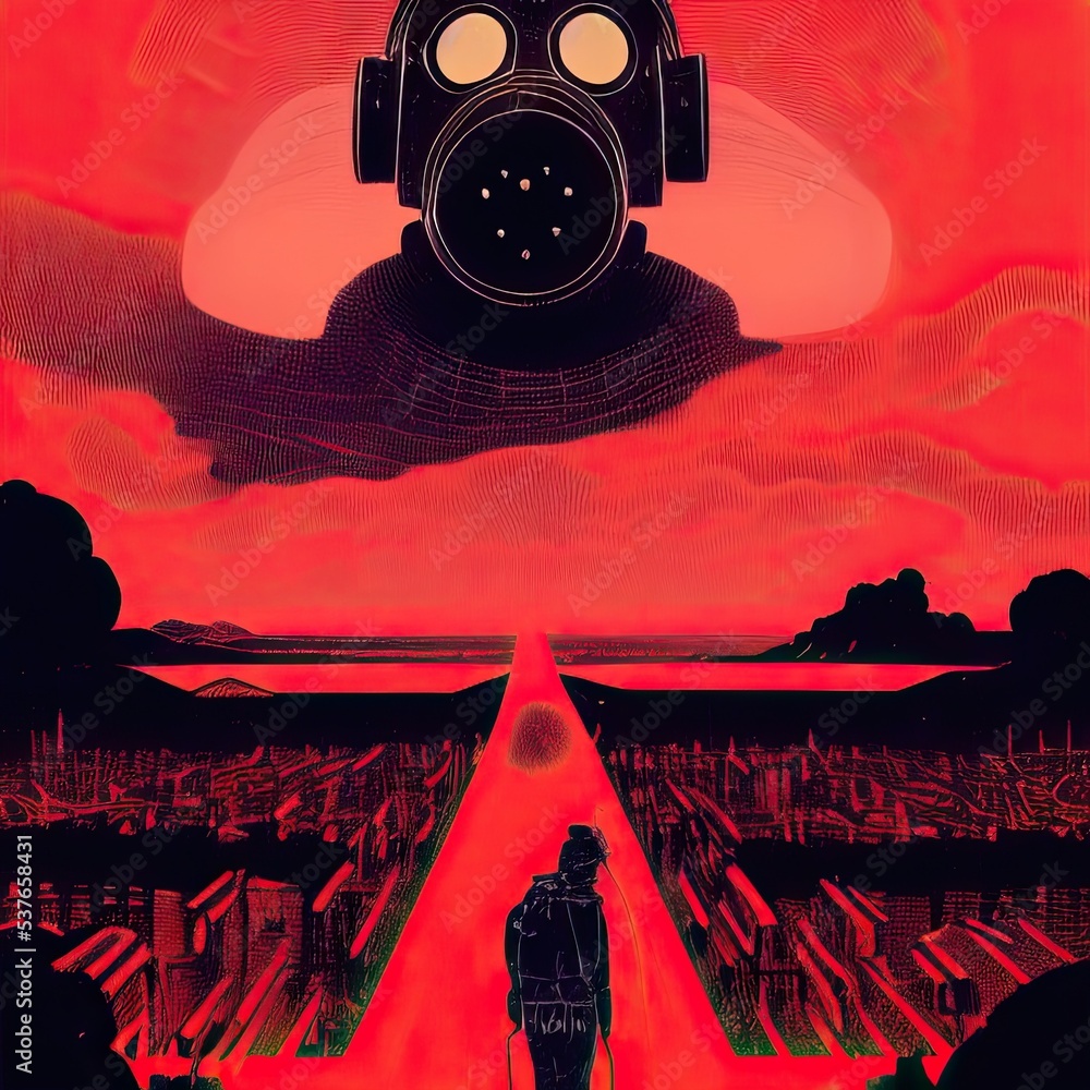 nuclear war explosion atomic bomb on a city ruins, person standing in a ...