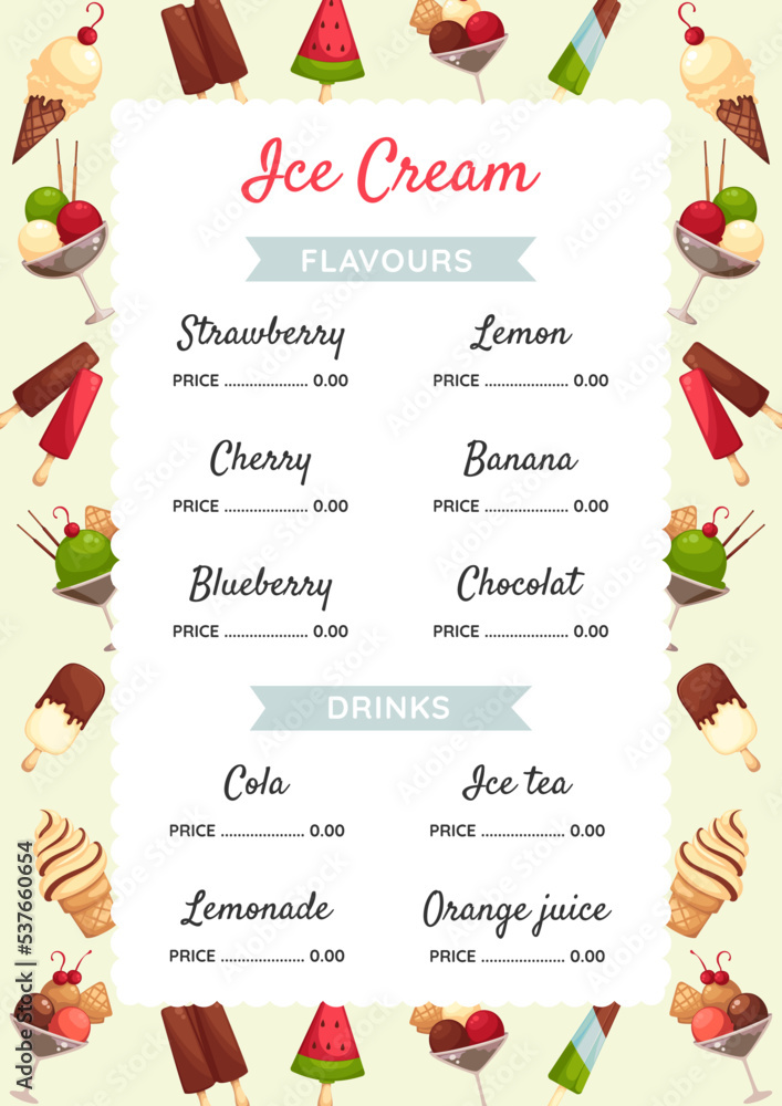 Vector retro ice cream menu. Vintage flyer price list for ice cream ...