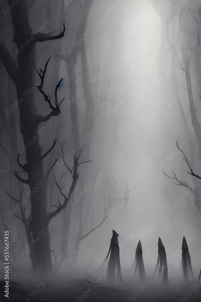 A crowd of ghosts are floating in the air above a dark, spooky forest ...