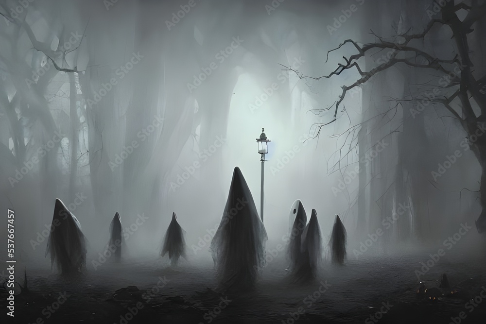 The Halloween scary ghosts are floating around in the dark, spooky ...