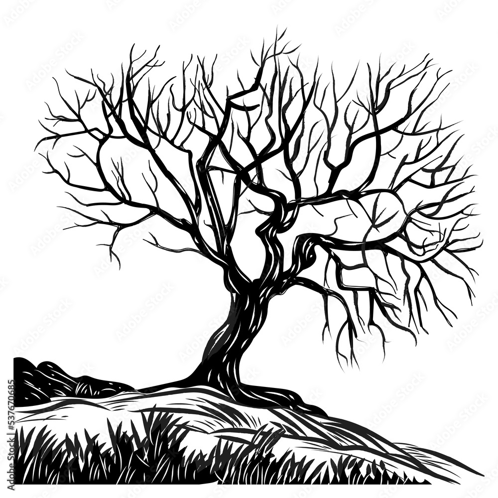 Hand drawn trees panoramic landscape, sketch, silhouette, black and ...