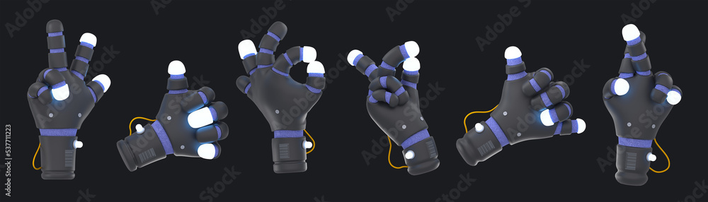 3D illustration set of robotic hand gestures isolated on black ...
