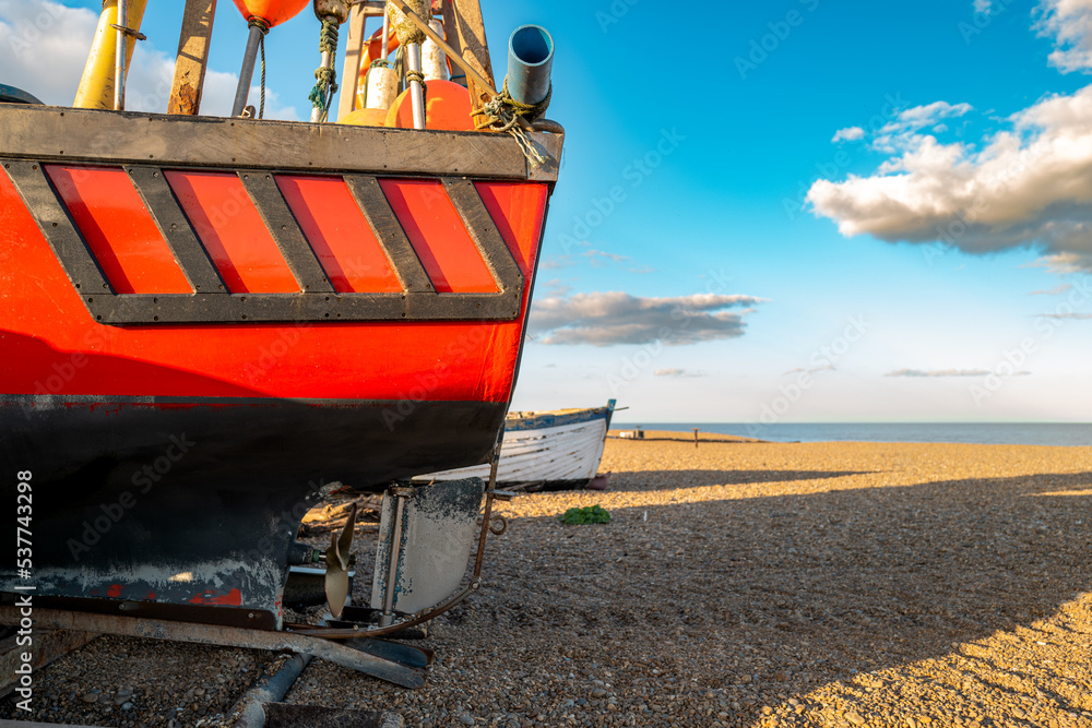 Abstract view of a red painted aft of a fishing trawler seen in dry ...