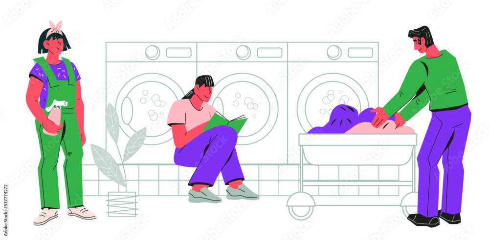 People washing clothes in self-service laundromat room, flat cartoon ...