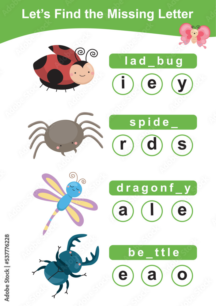 Vektor Find the missing letter insect edition. Printable children ...