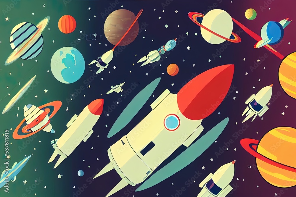 Space travel. Planets, aliens and rockets. Space childish banner. 2d ...