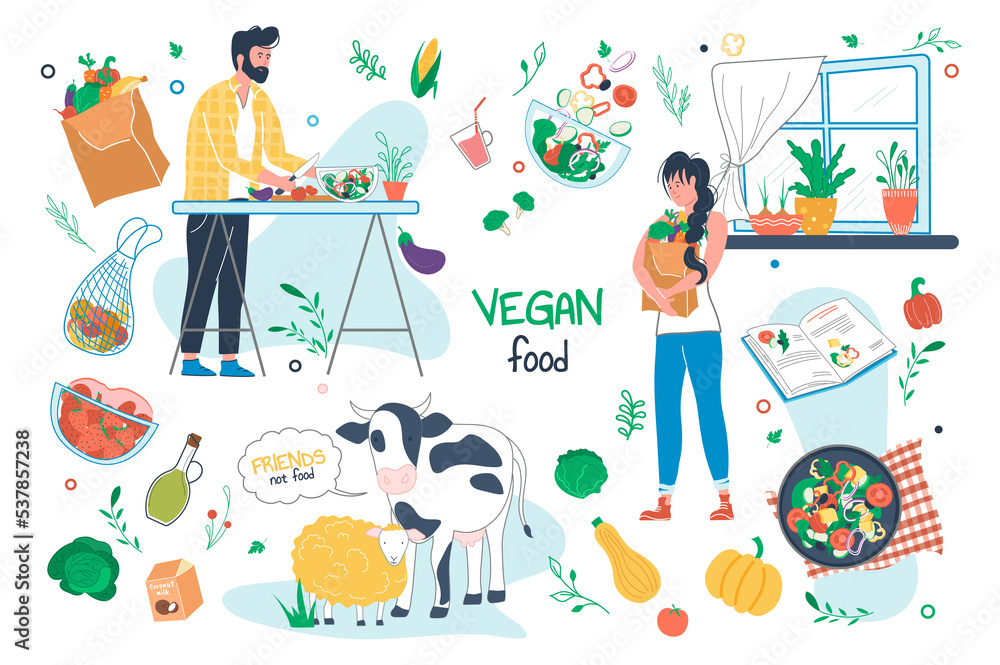 Vegan food set isolated elements. Man and woman cooking vegetable ...