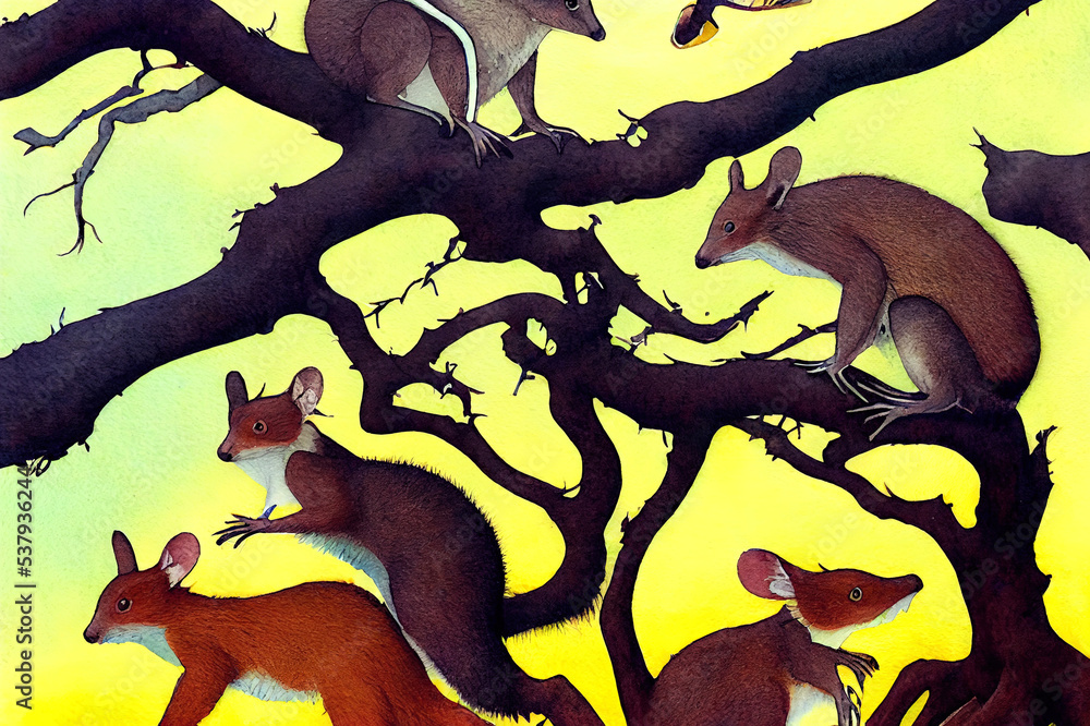 Watercolor Australian animals. Quoll, pademelon, emu, kangaroo ...