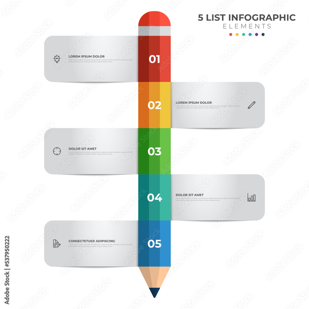 colorful pencil diagram infographic element template, vertical row layout diagram with 5 list of ...
