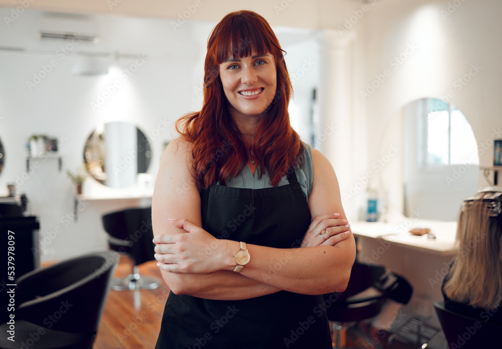Foto de Stock Salon, woman and portrait of happy hairdresser with smile ...