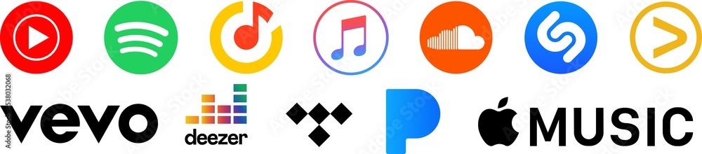 Set of logos for popular music streaming services. Apple music, Spotify, Youtube music ...