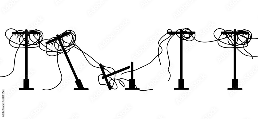 Tangent towers. High voltage pole, electric wires and telephone cable ...