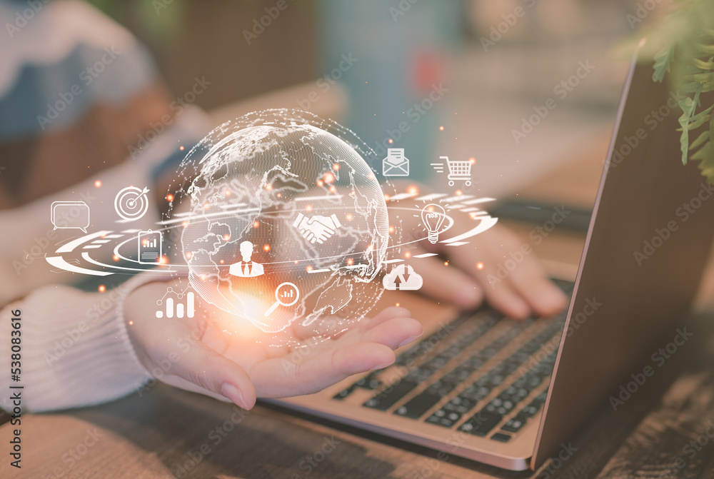 Woman hand holding virtual Global Internet connection metaverse ...