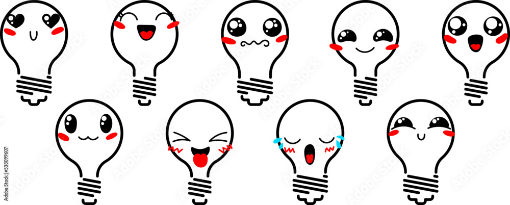 Set of Various Cartoon Bulbs with Emoticons. Doodle lightbulb, ideas ...