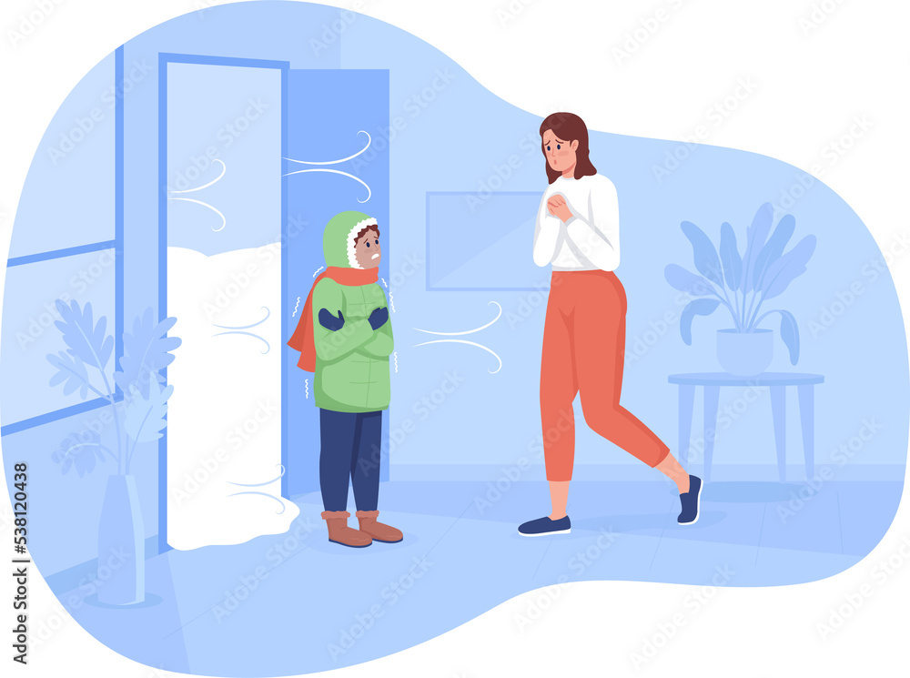 Cold weather in winter 2D raster isolated illustration. Freezing child ...