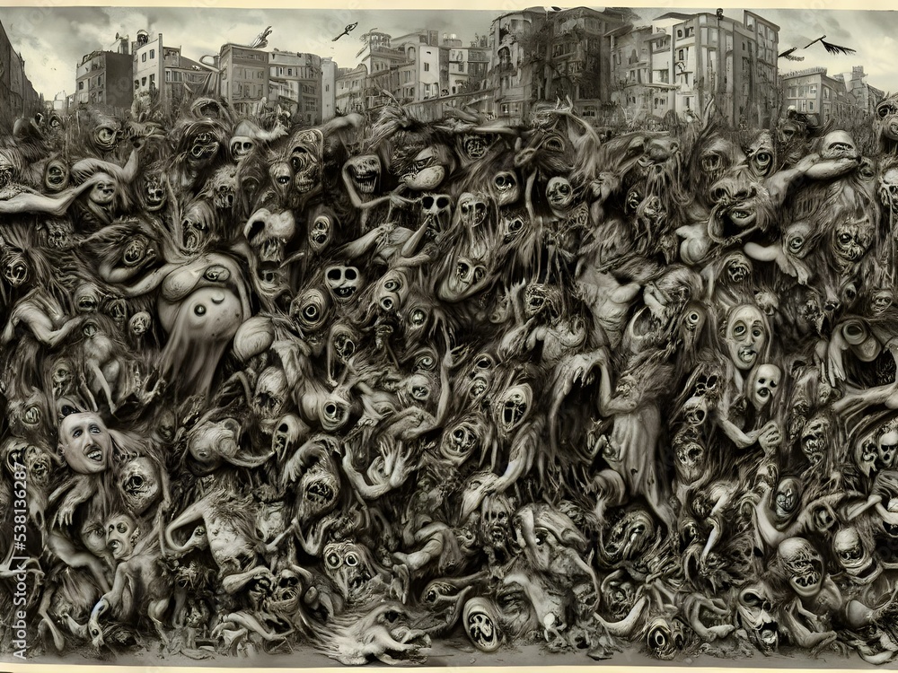 A huge crowd of aliens or mutated humanoids in the middle of a city ...