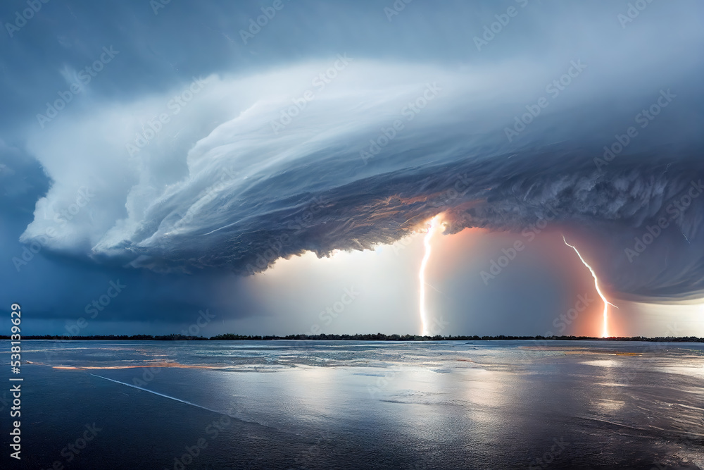 dramatic and powerful tornado. Lightning thunderstorm flash over the ...