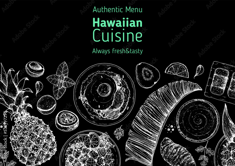 Hawaiian food top view vector illustration. Food menu design template ...