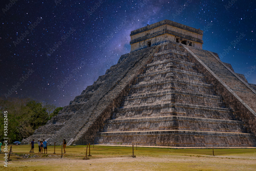 Temple Pyramid of Kukulcan El Castillo with Milky Way Galaxy stars ...
