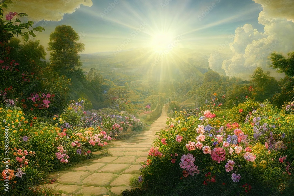 Garden illustration landscape art pathway heaven artwork paradise sun light flowers nature ...