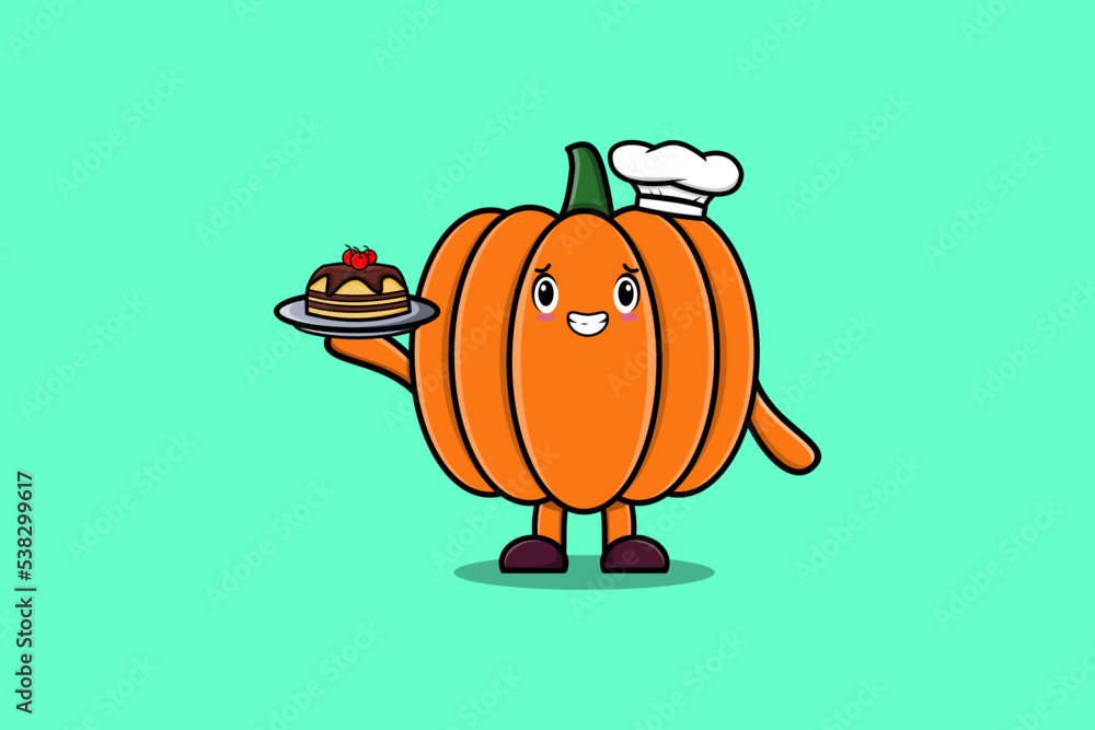 เวกเตอร์ Stock Cute Cartoon chef Pumpkin character serving cake on tray ...