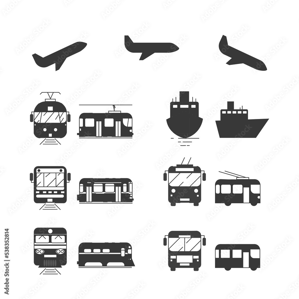 black icons of public transport: ship, subway, tram, train, bus, plane ...