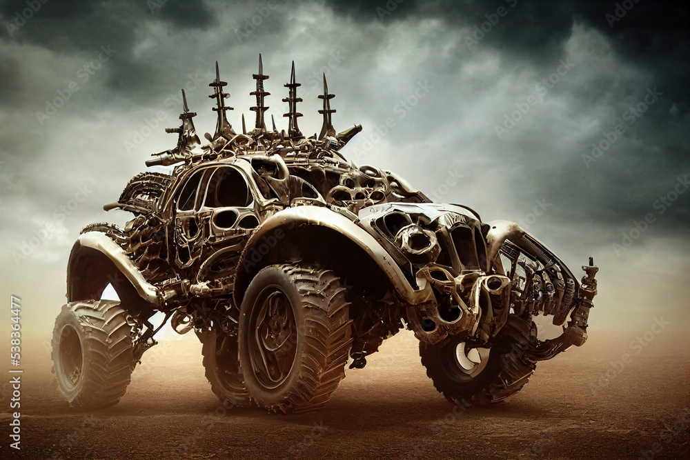 crazy suv, surrealistic monster truck made of bones, biomechanical car ...