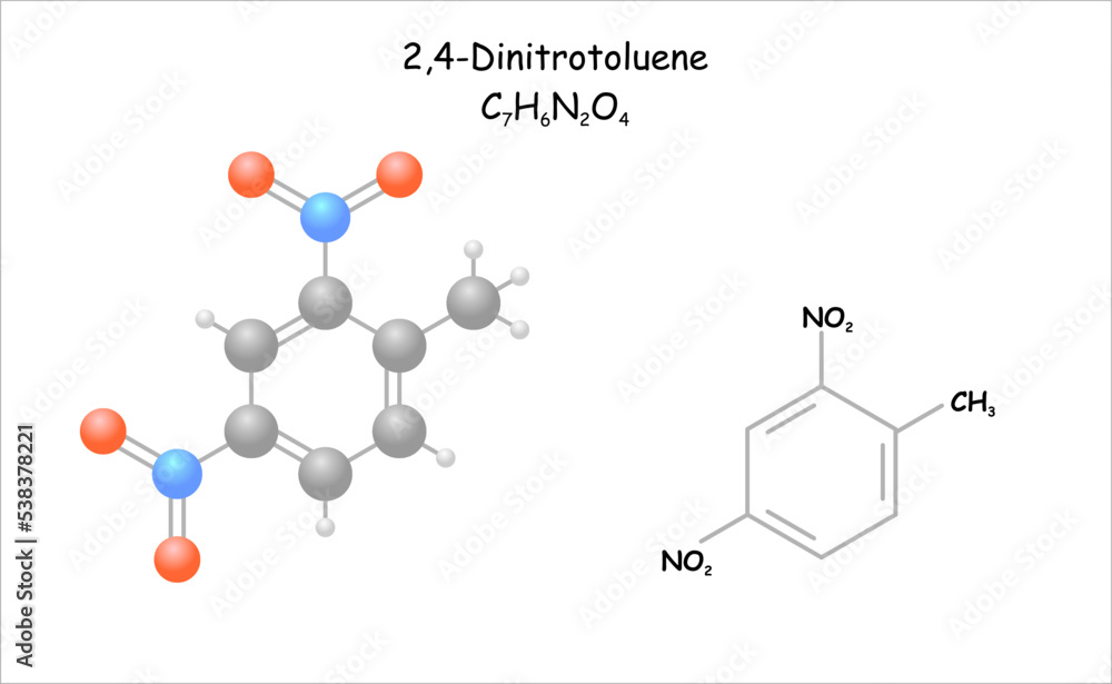 Stylized molecule model/structural formula of 2,4-Dinitrotoluene. Stock ...
