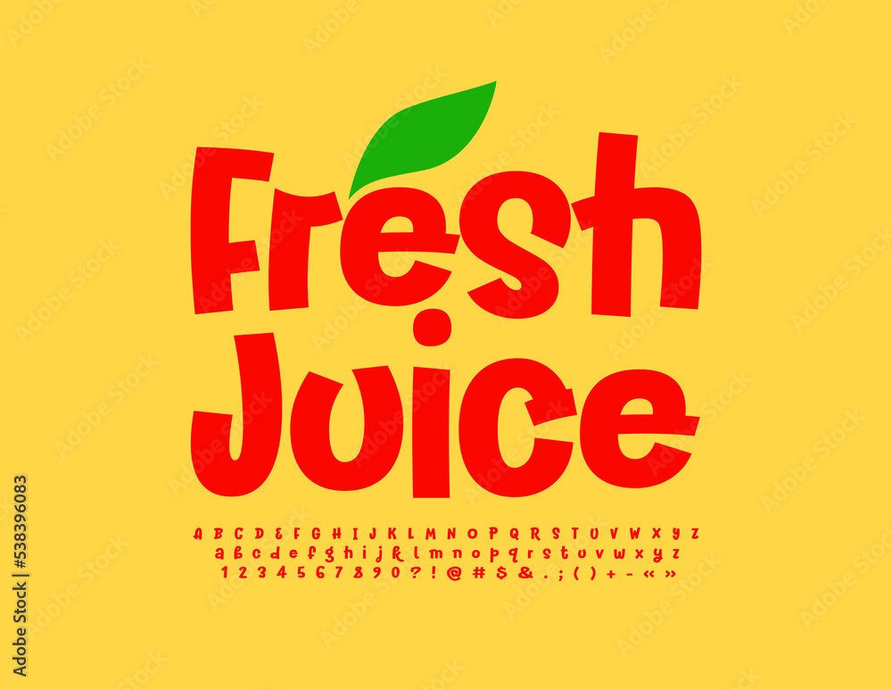 Vector creative logo Fresh Juice. Playful Red Font. Modern Alphabet Letters and Numbers set ...