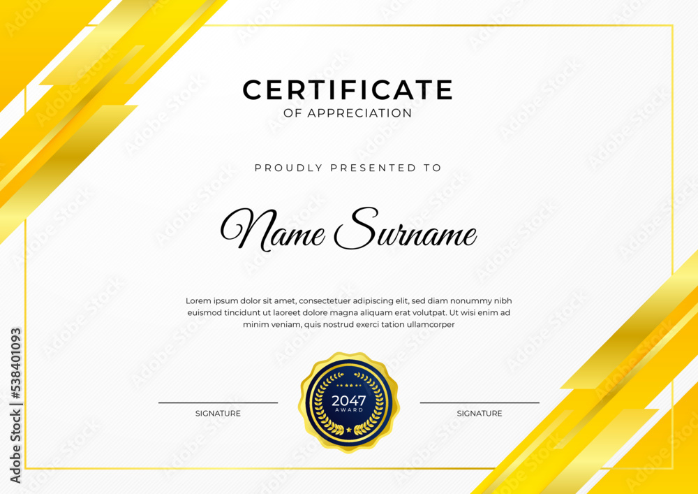 Certificate of achievement orange yellow template design with gold ...