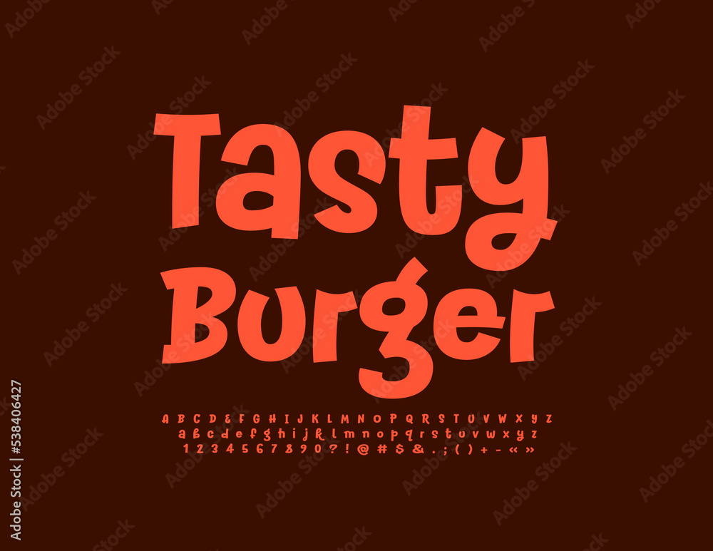 Vector funny emblem Tasty Burger with creative Font. Playful style ...