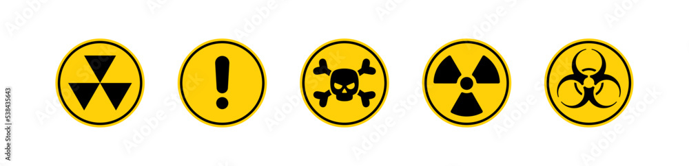 Set of warning yellow round signs with a biohazard, radioactive, skull ...