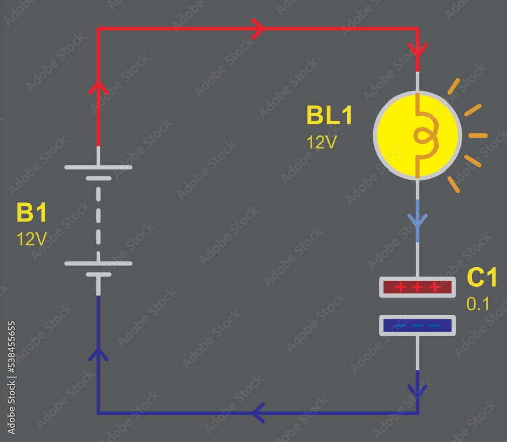 Vector schematic diagram of electrical circuit with capacitor, lamp and ...
