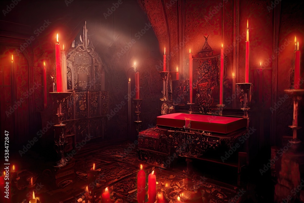 A gothic interior of a vampire castle of Transylvania, lit by candles ...