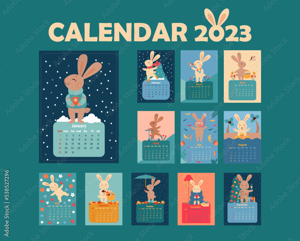 Calendar template 2023 with images of cute RABBIT - symbols of the ...