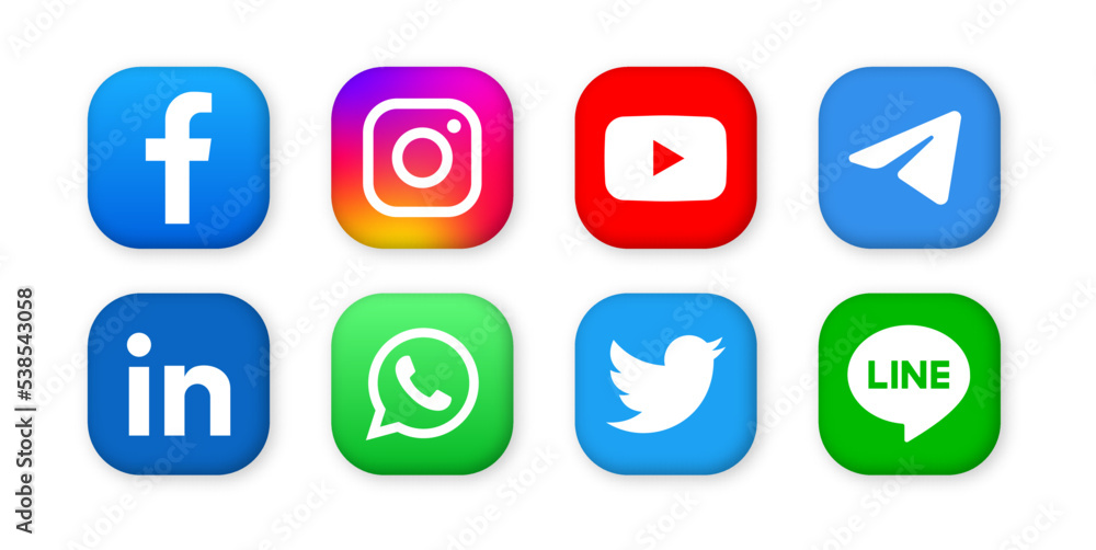 3d social media icons logos in round modern 3d circle button, popular ...