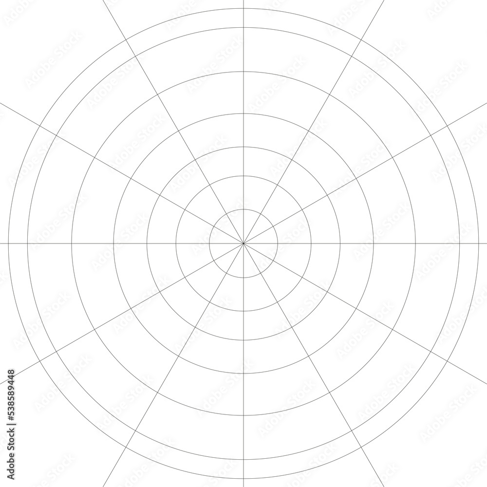 Polar grid with 7 concentric circles, 12 radial dividers, 30 degrees steps. Mandala template ...