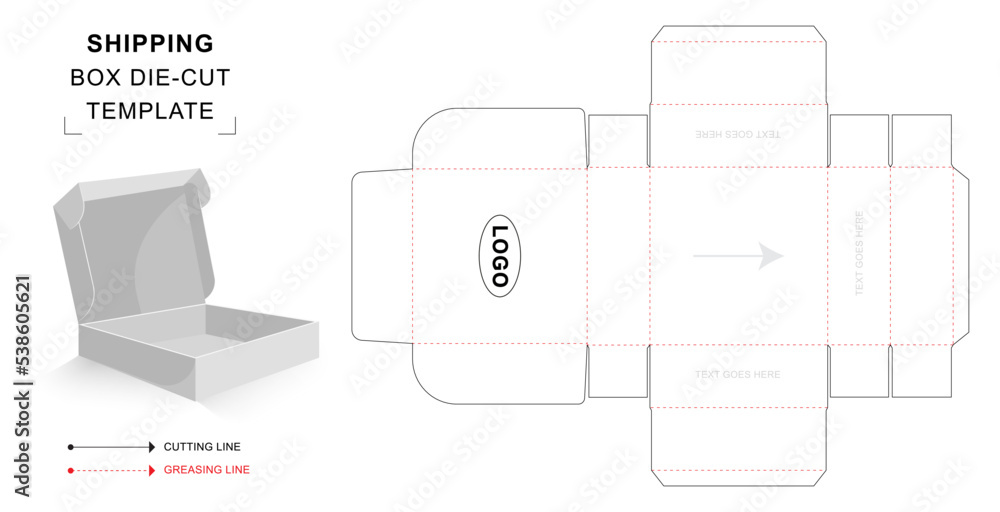 Shipping box die cut template with 3D blank vector mockup for cargo ...
