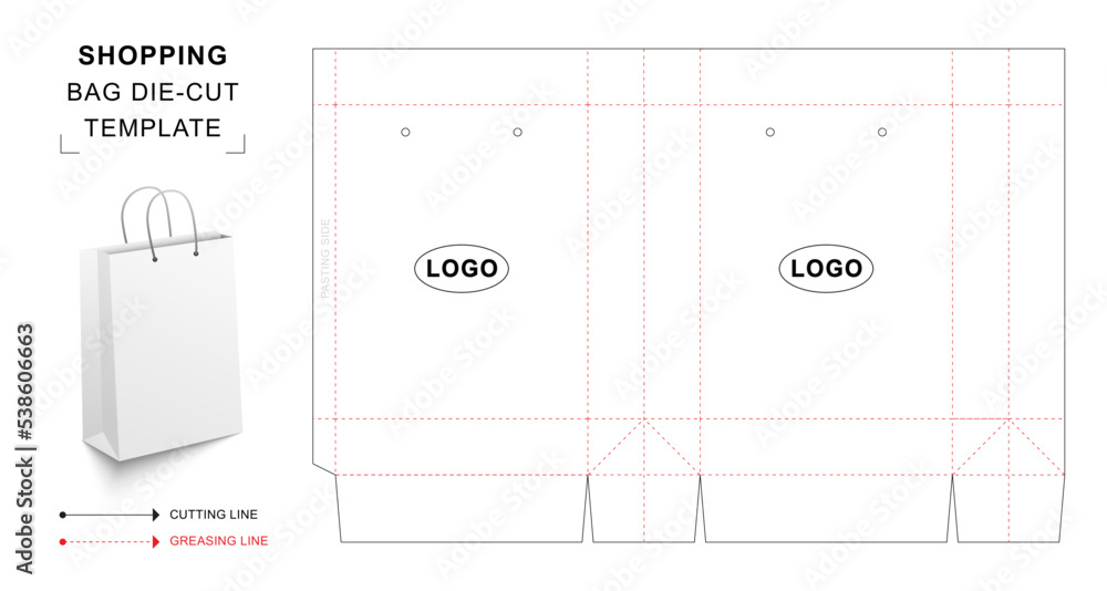 Shopping bag die cut template with 3D blank vector mockup. Paper bag ...