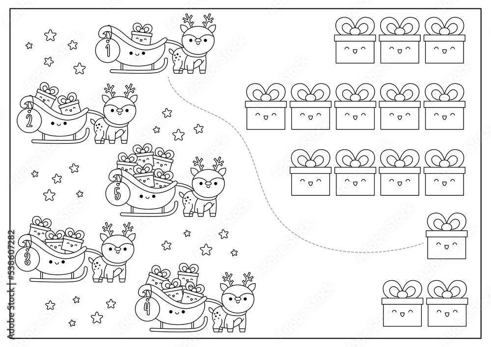 Christmas black and white matching game with cute kawaii deer, sledge ...