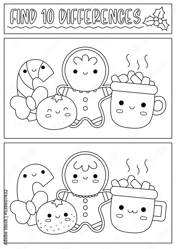 Christmas black and white find differences game for children. Attention ...