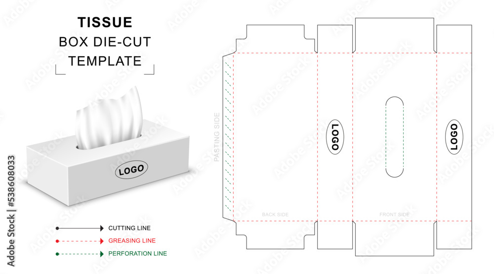 Tissue box die cut template with 3D blank vector mockup for retail ...