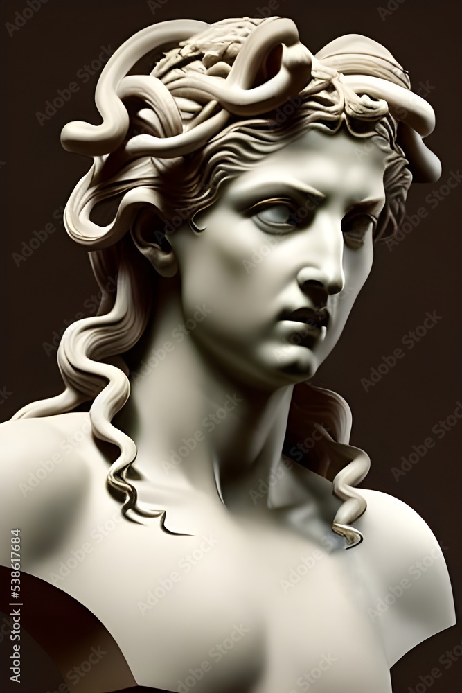3D illustration of a white marble bust of Medusa, otherwise known as ...