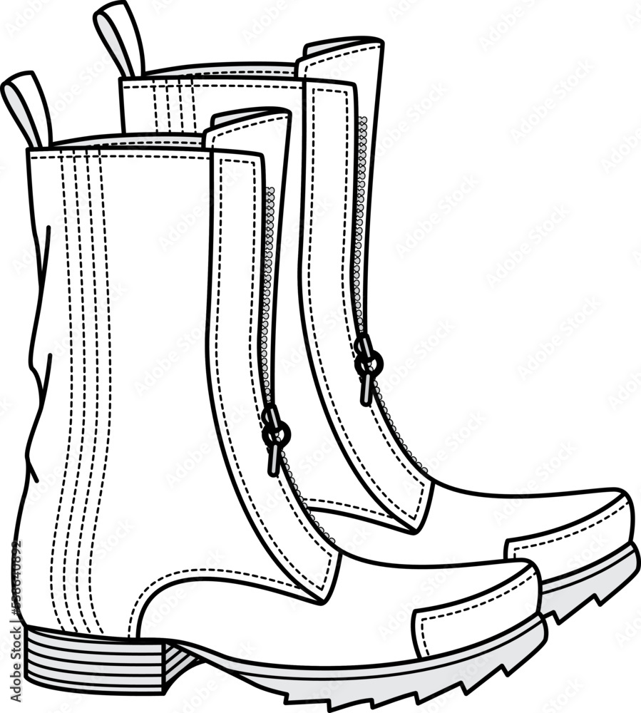 Technical drawing of snow hiking boots. Boot for extreme cold. Stock ...