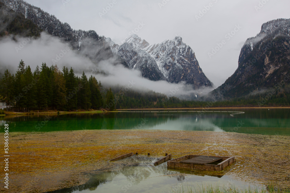 Lago di Dobbiaco, Toblacher See lake in Dolomites, Dolomiti mountain ...