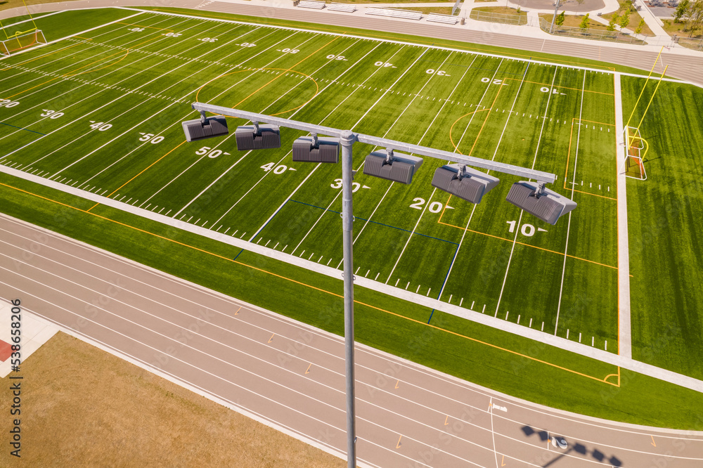 Soccer field top straight down aerial shot. Empty football playground ...