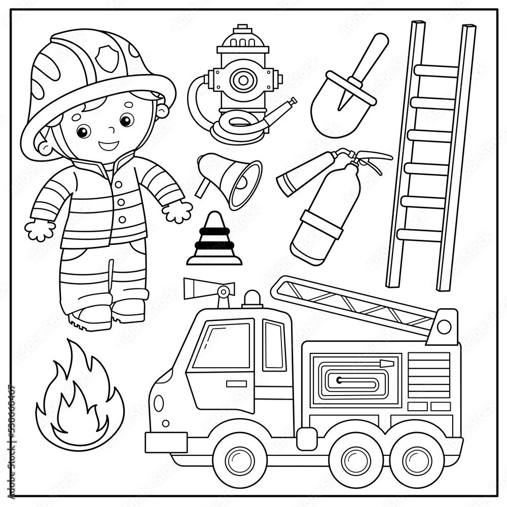 Coloring Page Outline Of cartoon fire truck with fireman or firefighter ...