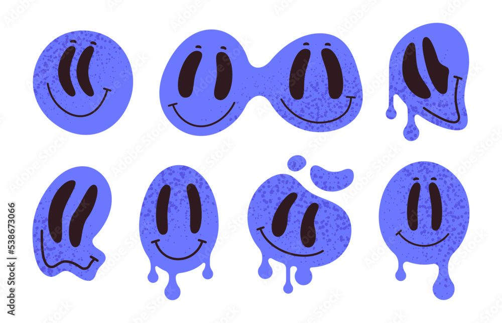Cartoon blue emoji faces, smiling dripping characters. Cute comic book ...